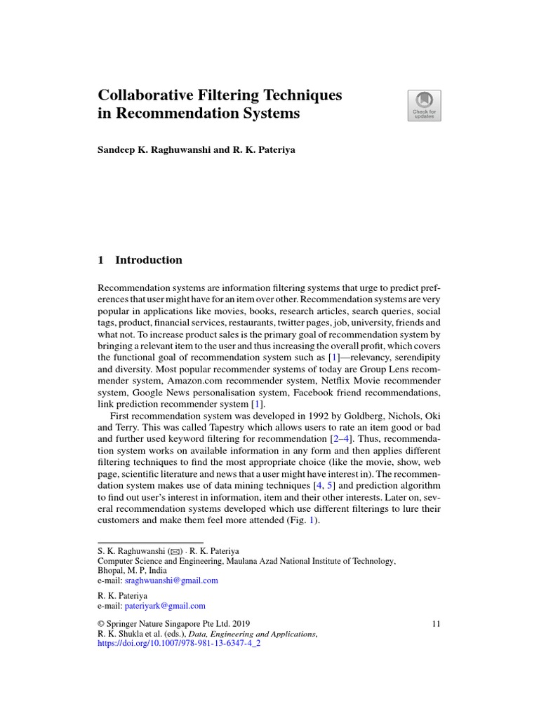 IDEA - Collaborative Filtering Techniques in Recommendation Systems | PDF | Information Science ...