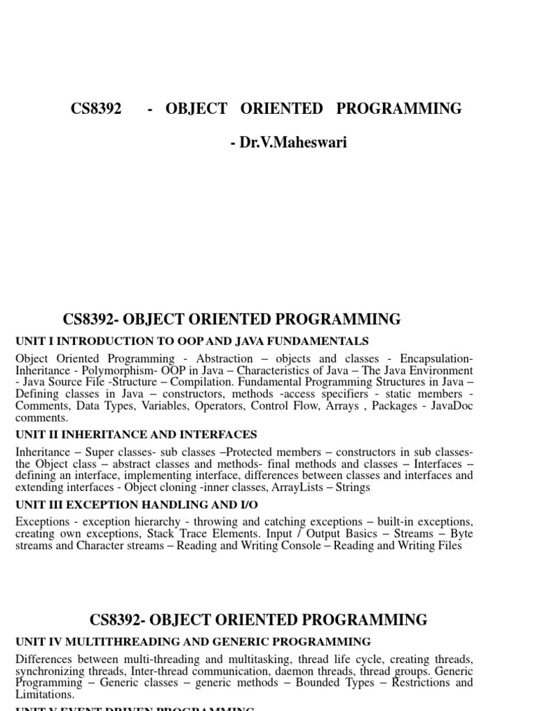 CS8392 - Object Oriented Programming - Dr.V.Maheswari | PDF | Class (Computer Programming ...