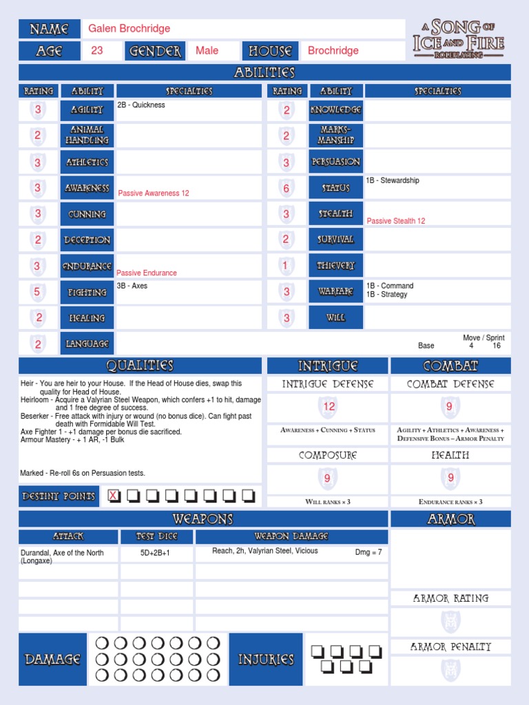 GOT RPG Character Sheet Galen Brochridge | PDF | Armour | Military
