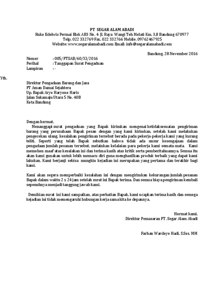 Contoh Surat Balasan Komplain Pengaduan Barang | PDF