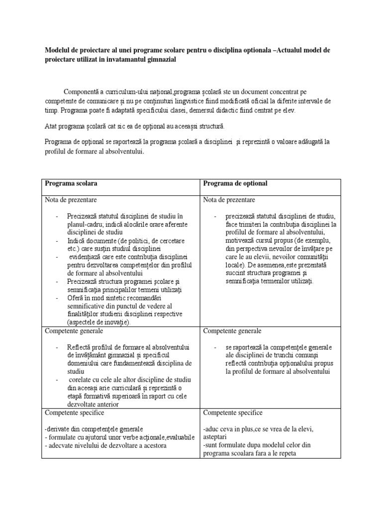 Programa Școlară Optional | PDF