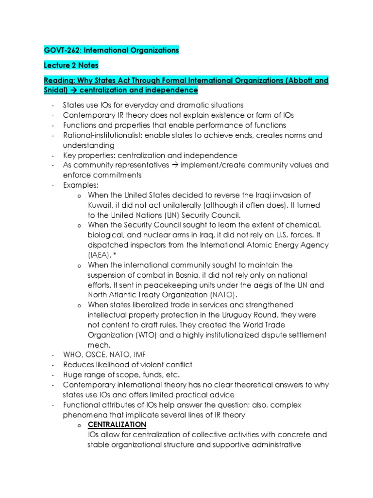 International Organizations Notes (GOVT-262) | PDF | International ...