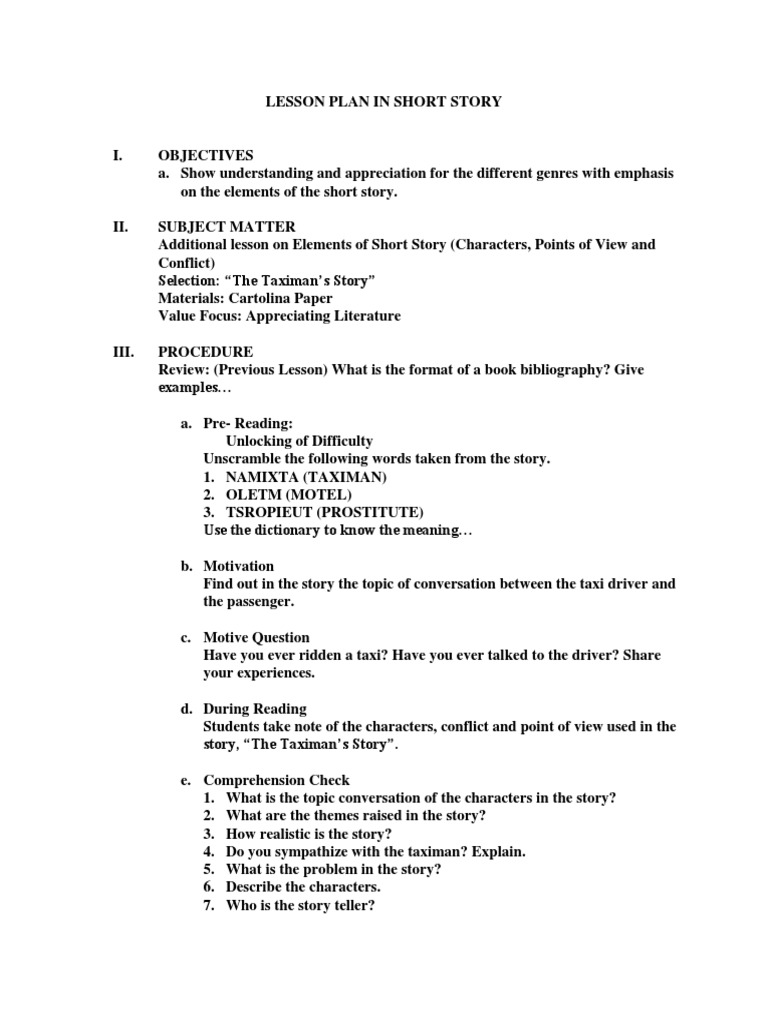 Short Story Lesson Plan Overview | PDF | Narration