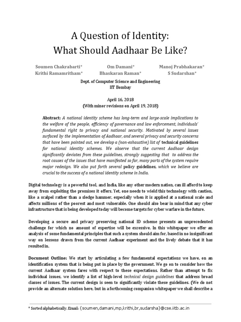 A Question of Identity: What Should Aadhaar Be Like? | PDF | Biometrics ...