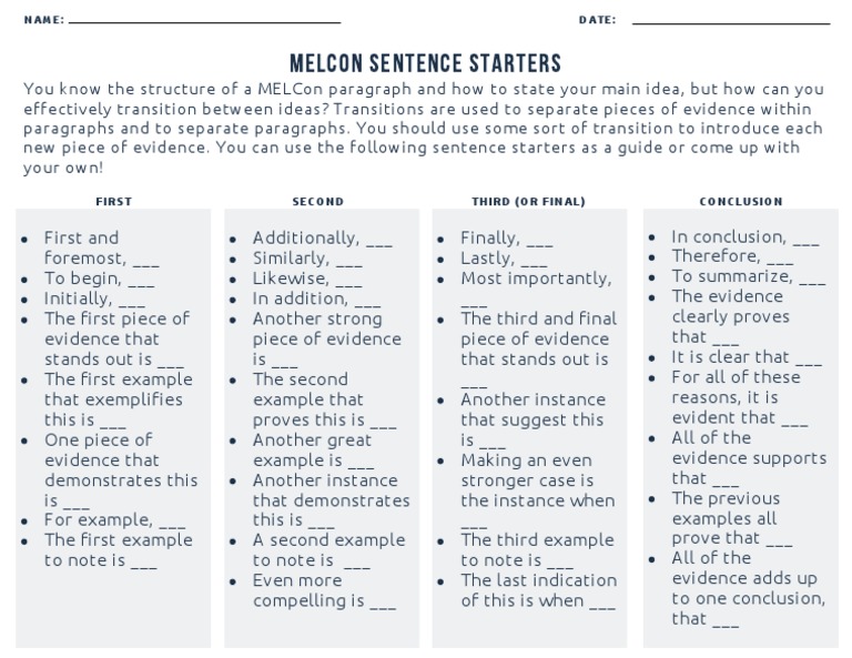 MELCON Transition and Sentence Starters | PDF | Language Arts ...