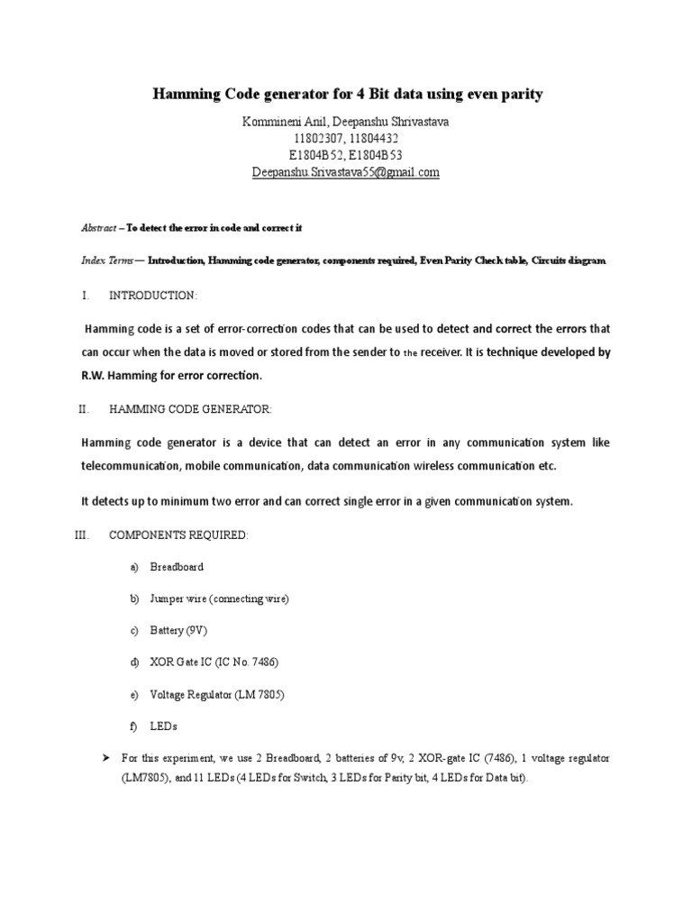 Hamming Code Generator For 4 Bit Data Using Even Parity | PDF