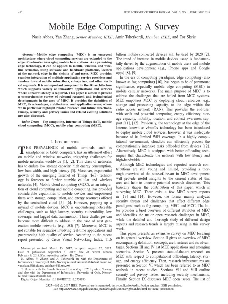 Mobile Edge Computing A Survey Pdf Cloud Computing Computer Network