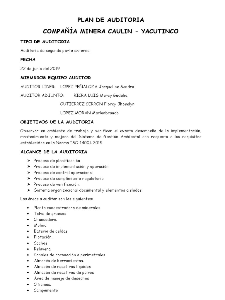 Plan de Auditoría UNDAC Ult-1 2222 | PDF | Contaminación | Auditoría