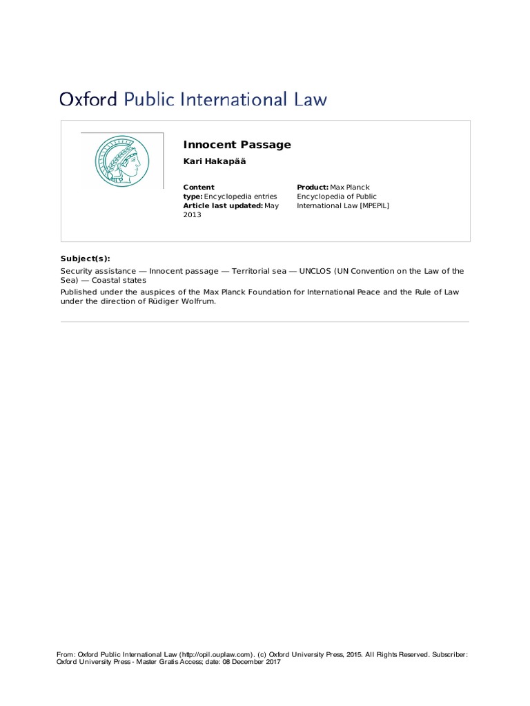 Innocent Passage: An Analysis of the Legal Regime Governing the ...