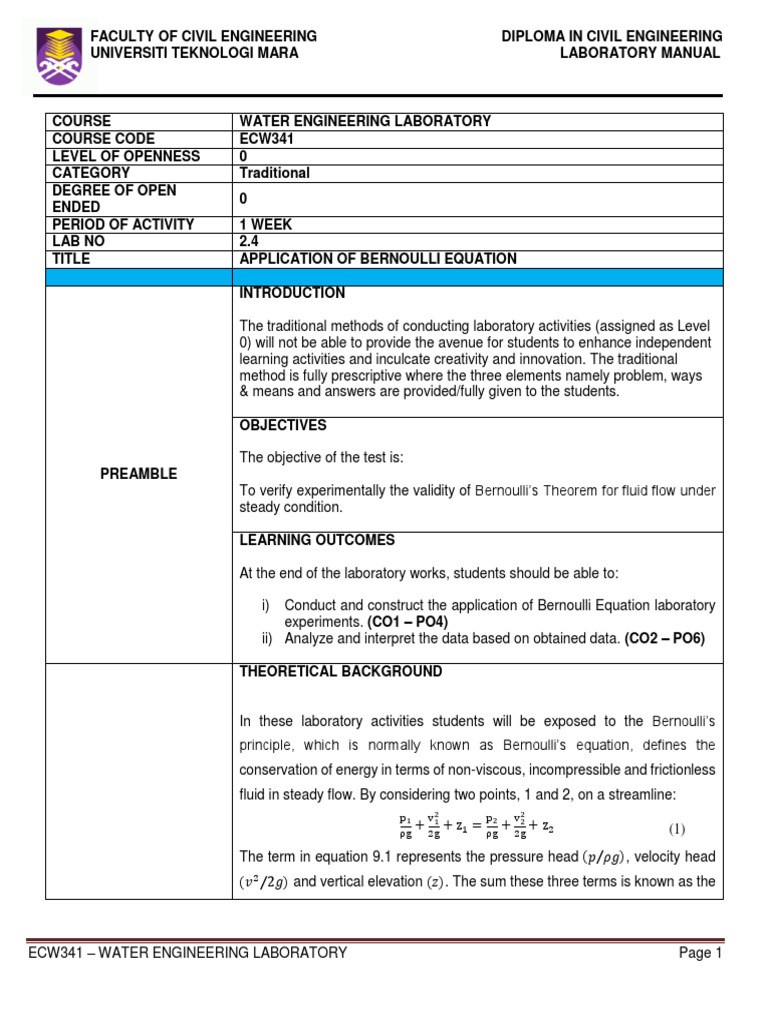 Lab Manual 2.4 - LEVEL 0 - Application of Bernoulli Equation | PDF ... Lab Manual 2.4 - LEVEL 0 - Application of Bernoulli Equation | PDF ...