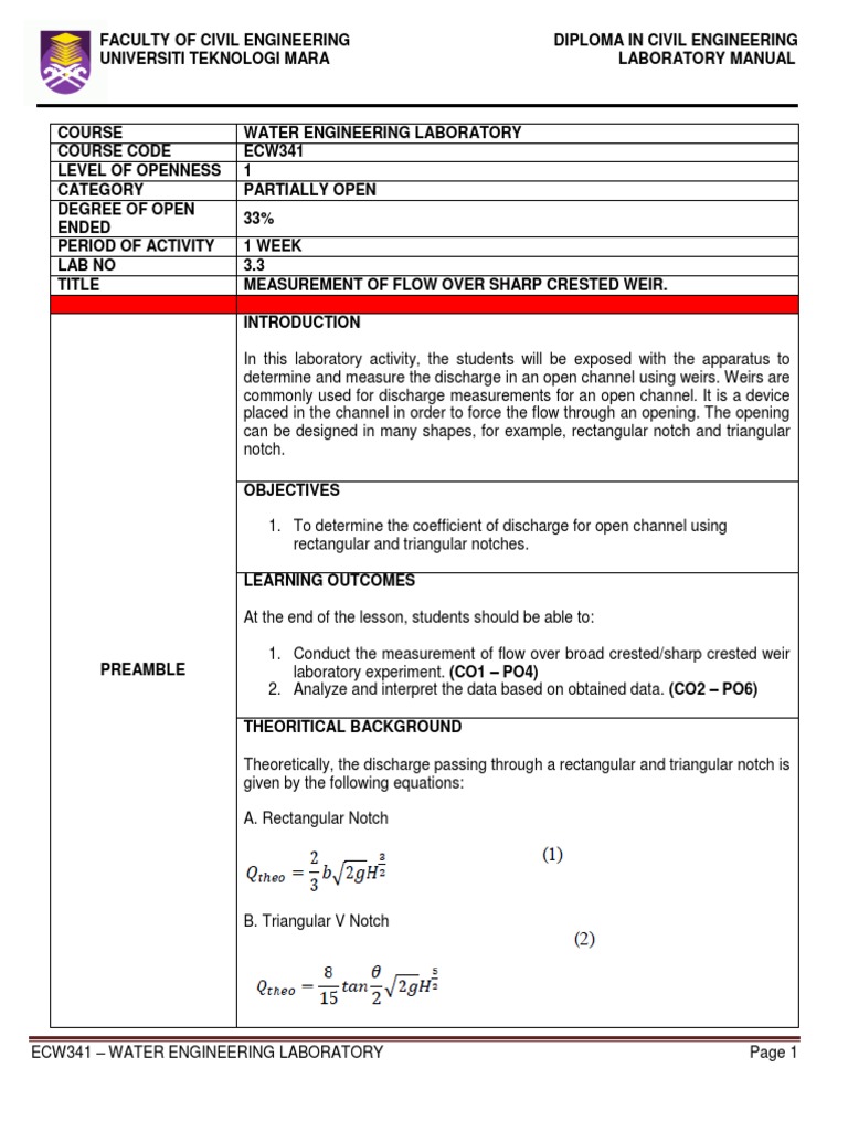 Lab Manual 3.3 - LEVEL 1 - Measurement of Flow Over Broad Crestedsharp ...