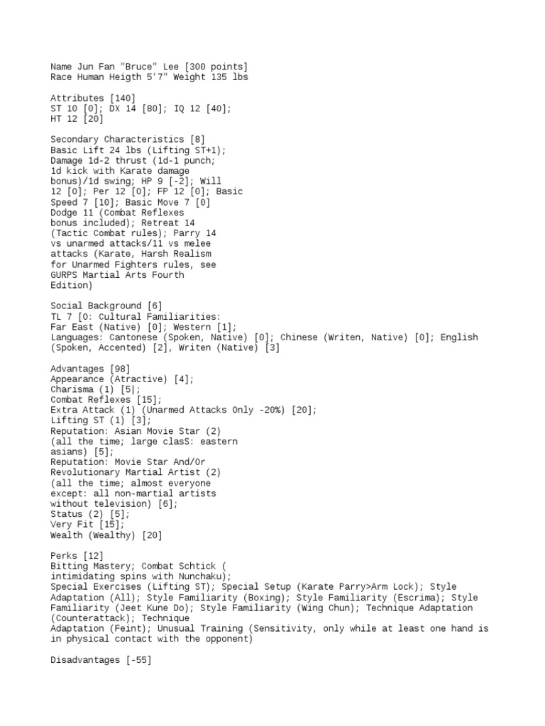 Bruce Lee For GURPS 4th Edition | PDF | Jeet Kune Do | Combat