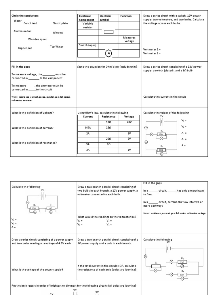 10SCI Electricity Worksheet | PDF | Series And Parallel Circuits | Voltage