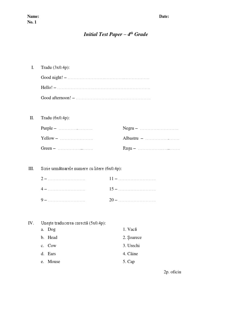 Initial Test Paper - 4 Grade: Name: Date: No. 1 | PDF