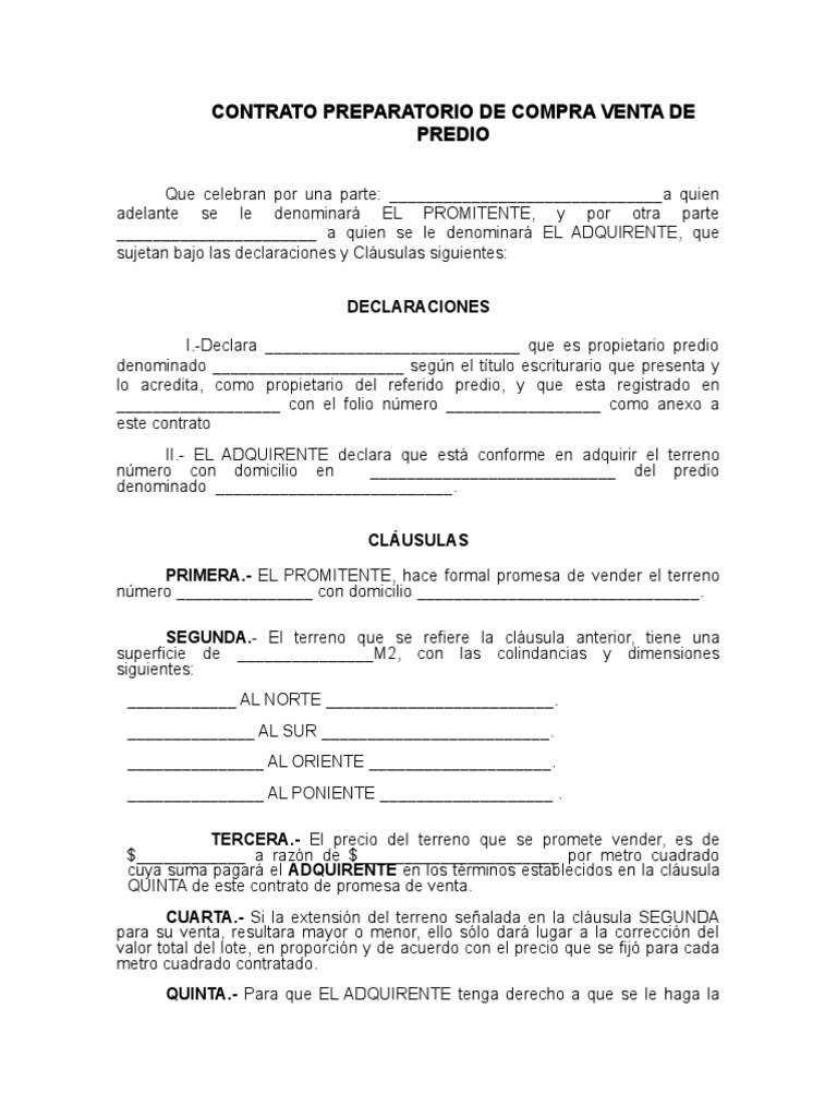 Contrato Preparatorio de Compra Venta de Predio | PDF | Pagaré | Gobierno