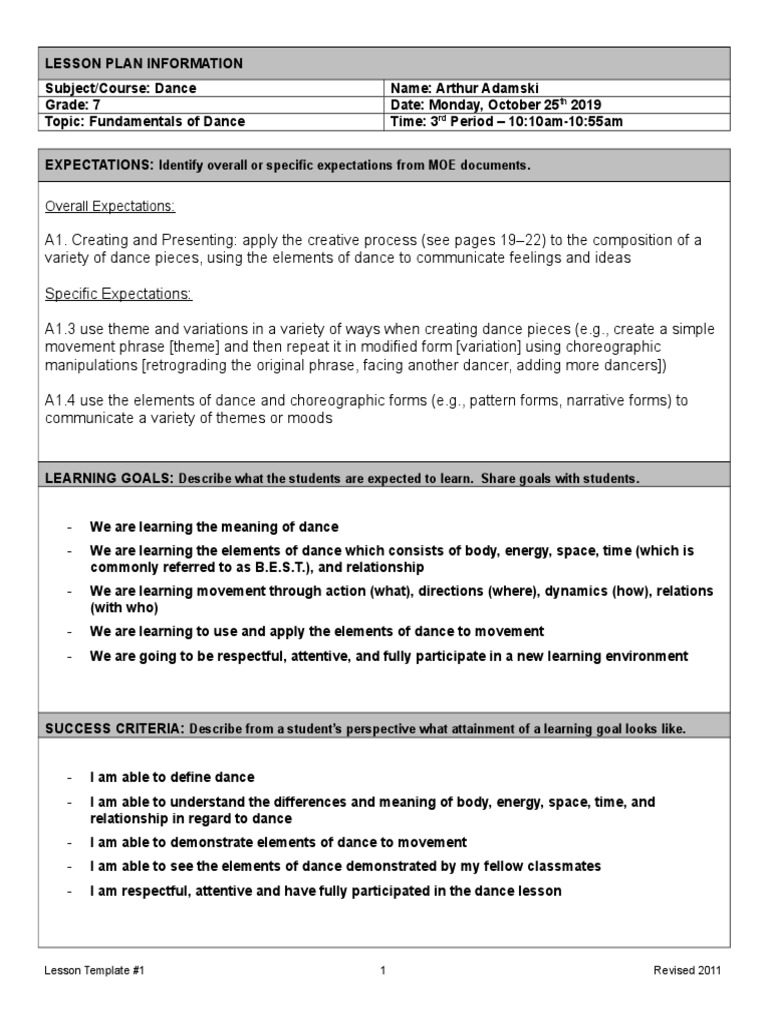 Dance Fundamentals Lesson Plan | PDF | Dances | English As A Second Or ...