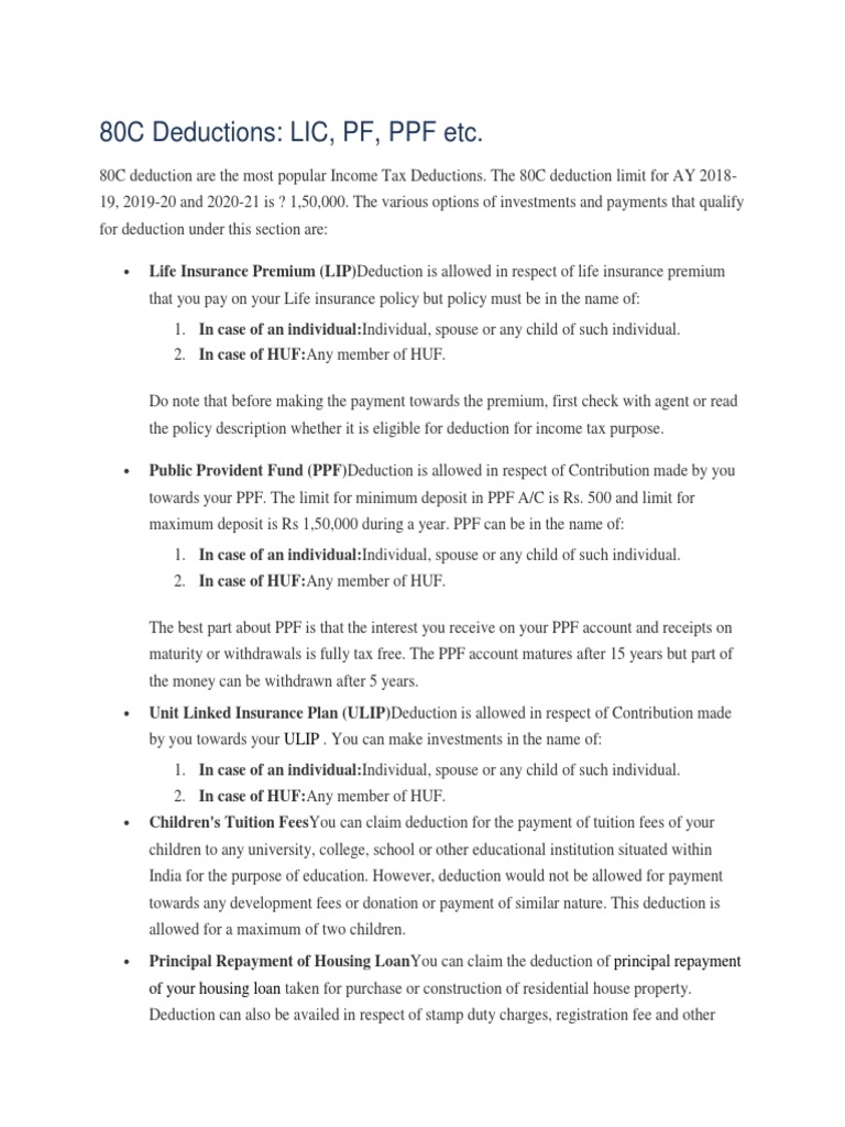 80C Deductions: LIC, PF, PPF Etc | PDF | Tax Deduction | Life Insurance