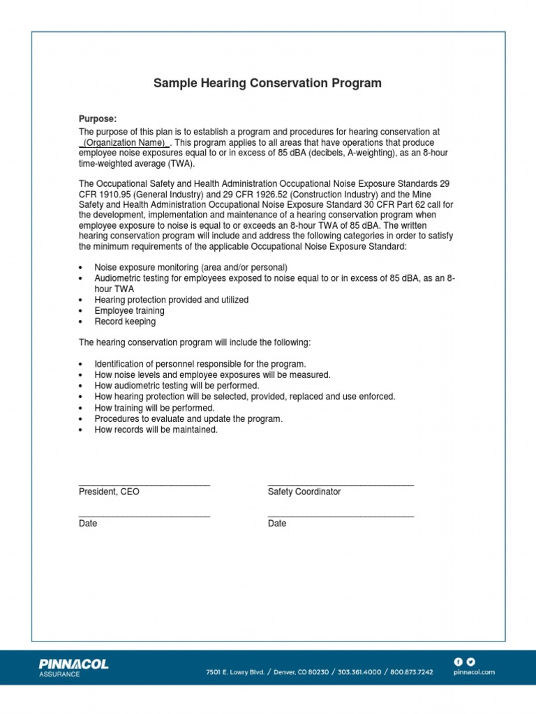 Sample Hearing Conservation Program: Purpose | PDF | Noise | Hearing Loss