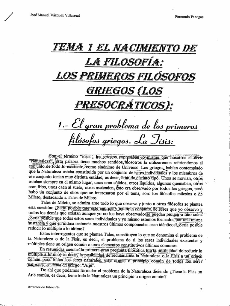 Tema 1: El Nacimiento de La Filosofía: Los Primeros Filósofos Griegos (Los Presocráticos) | PDF