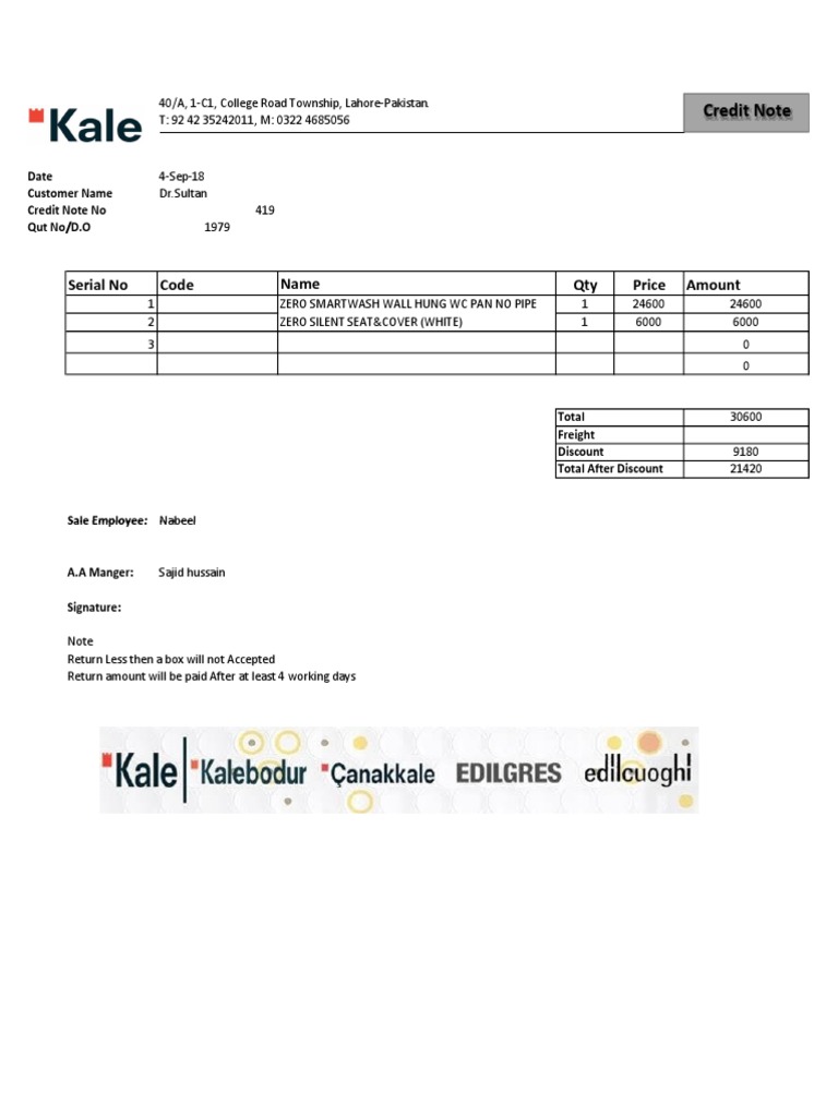 Serial No Code Name Amount Qty Price: Credit Note | PDF