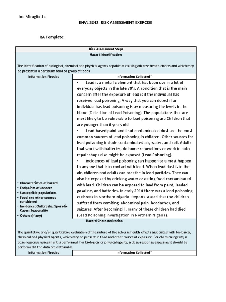 Envl 3242: Risk Assessment Exercise: Detection of Lead Poisoning ...