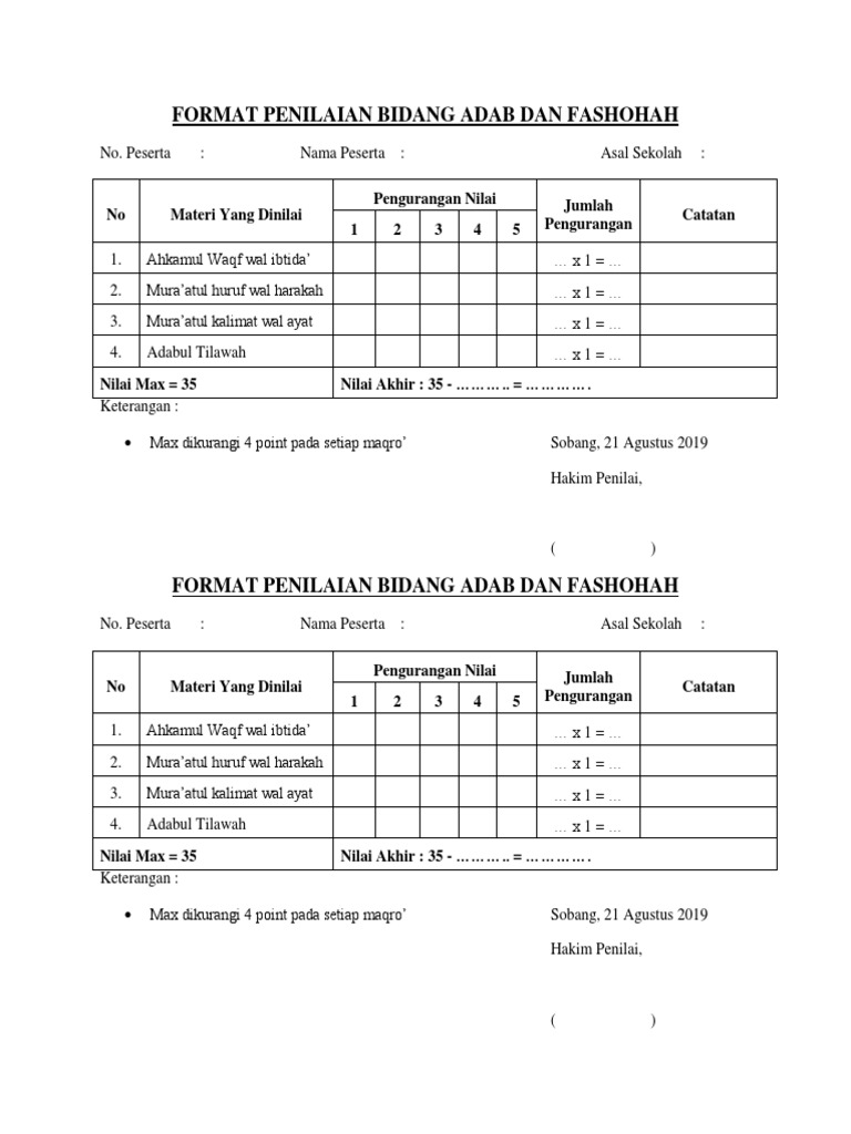 Format Penilaian Bidang Adab Dan Fashohah Oks Sobang | PDF Format Penilaian Bidang Adab Dan Fashohah Oks Sobang | PDF