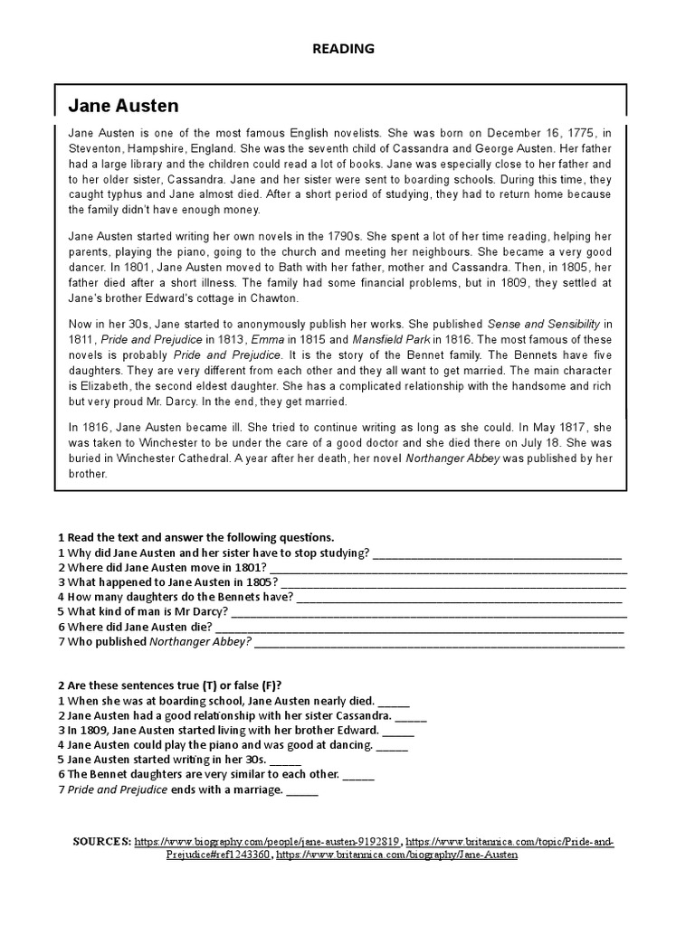 Jane Austen A Reading Comprehension | PDF | Jane Austen | Pride And ...