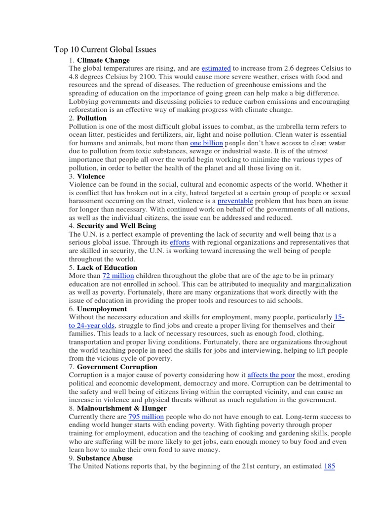Top 10 Current Global Issues: Estimated | PDF | Pollution | Poverty