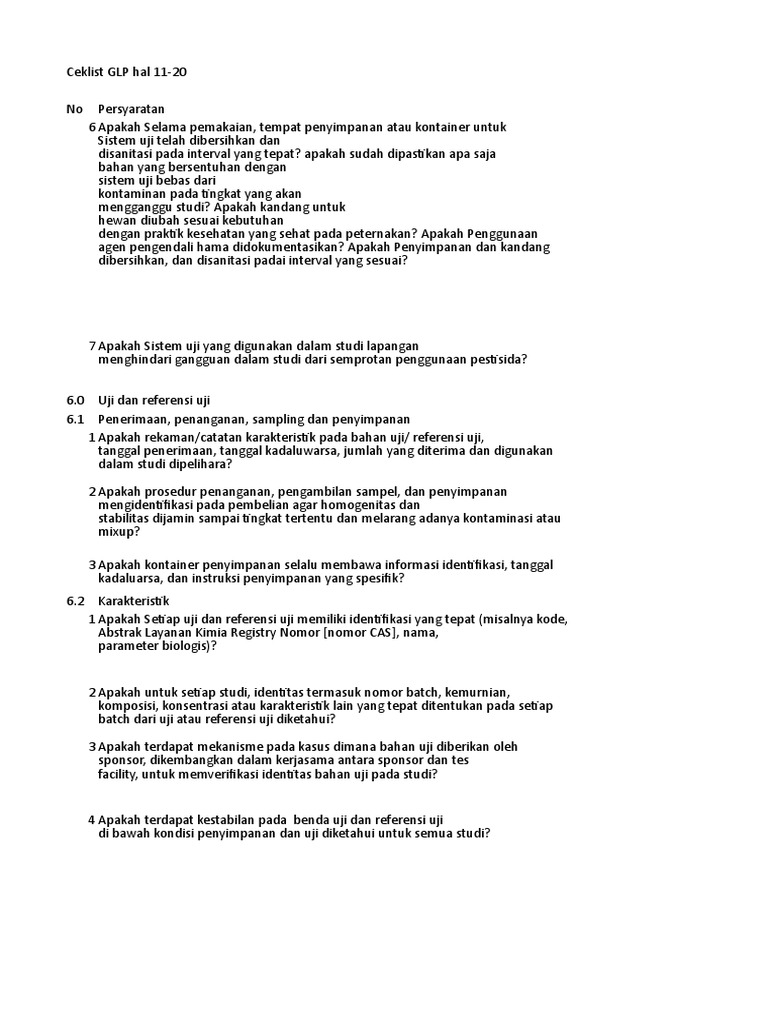 Ceklist Audit GLP | PDF