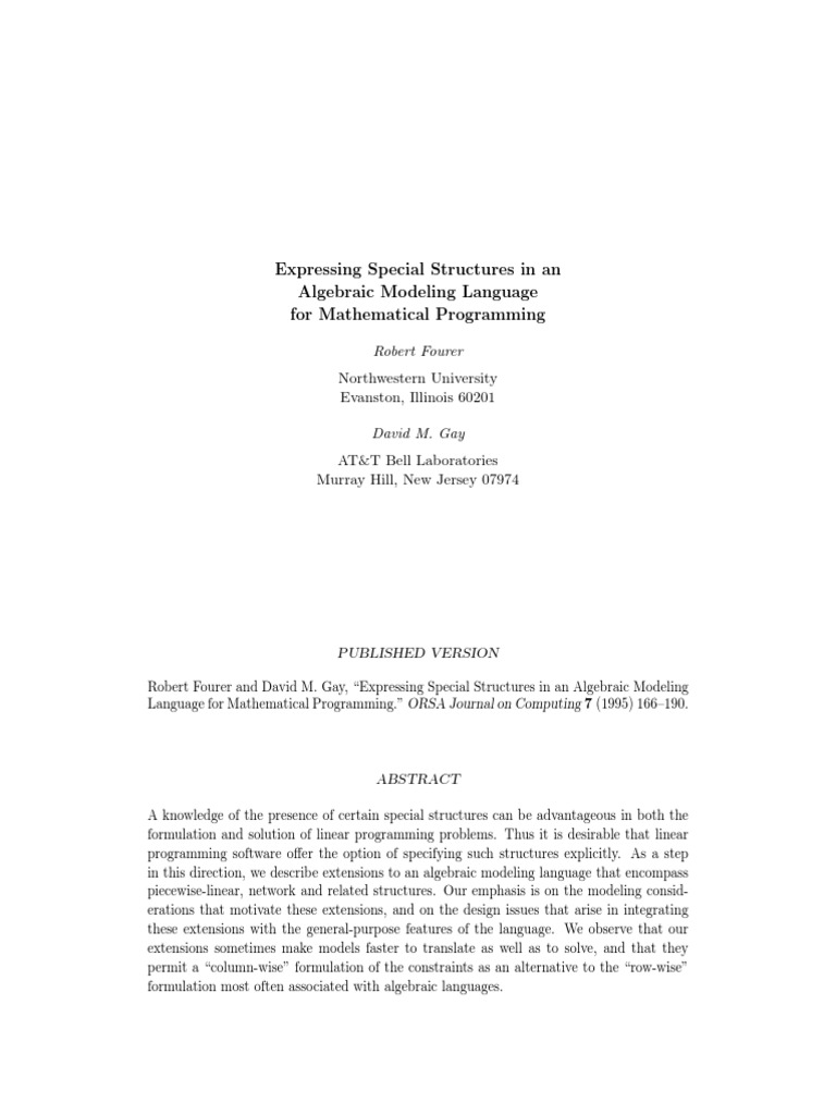 Expressing Special Structures in An Algebraic Modeling Language For Mathematical Programming ...