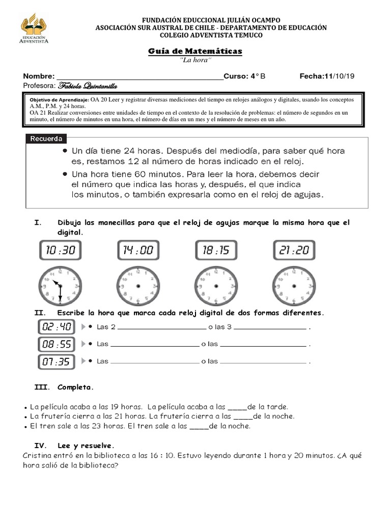 Guía de La Hora 3ro Básico | PDF | Reloj | Horología