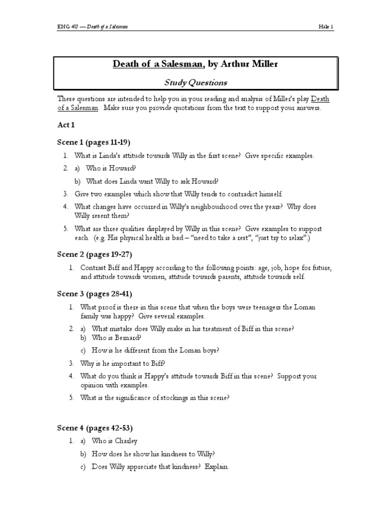 Death of A Salesman, by Arthur Miller: Study Questions | PDF ...