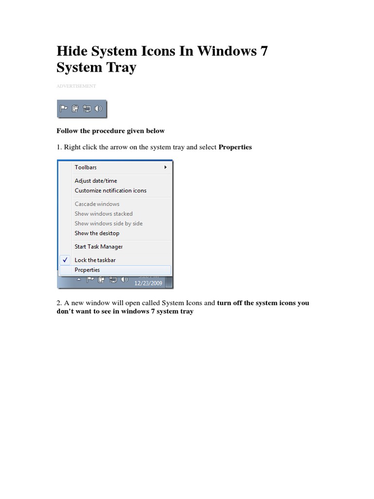 Hide System Icons in Windows 7 System Tray | PDF