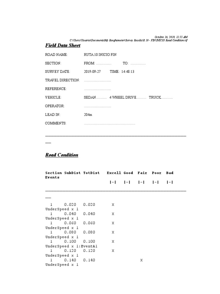 Field Data Sheet | PDF | Road Transport | Car