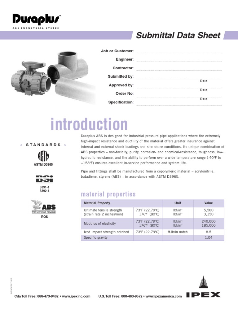 Duraplus ABS Data Sheet Ipex | PDF | Pipe (Fluid Conveyance) | Valve