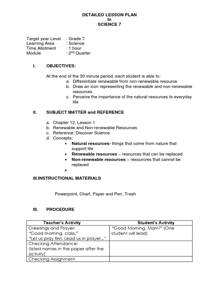 Semi Detailed Lesson Plan in Science 7 | PDF | Renewable Resources ...