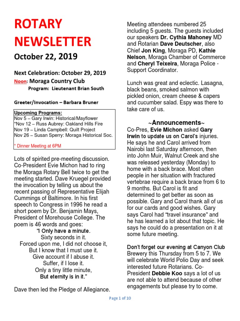 Moraga Rotary Newsletter Oct 15 - 2019 | PDF | Effects Of Global ...