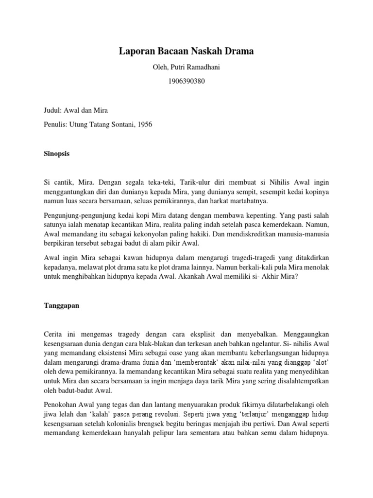 Laporan Bacaan Naskah Drama Awal Dan Mira | PDF