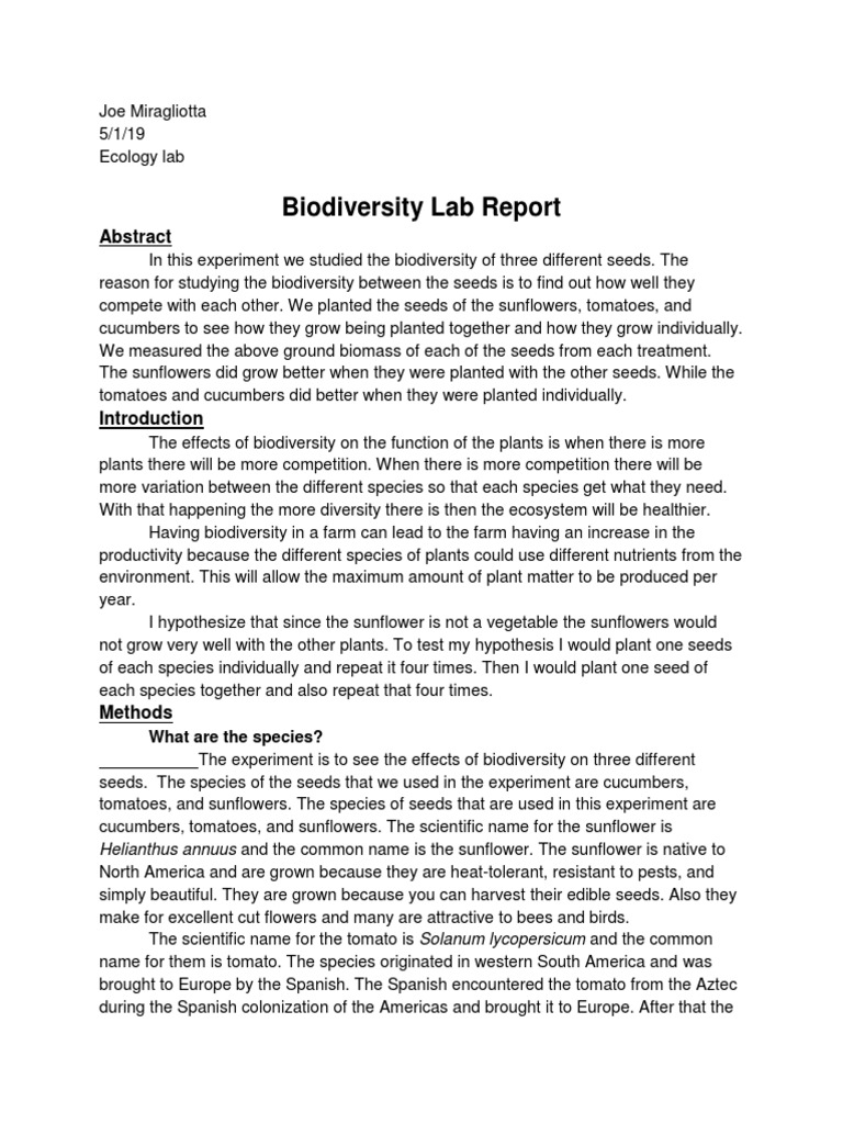 Biodiversity Lab Report: What Are The Species? | PDF | Cucumber | Tomato