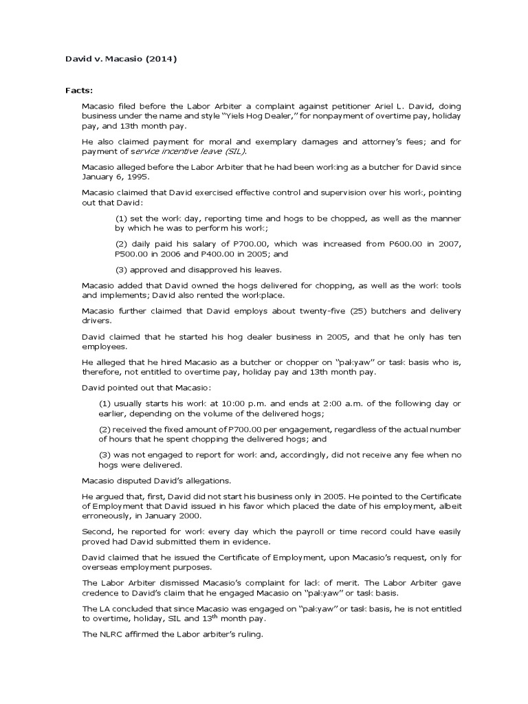 David Vs Macasio | PDF | Overtime | Employment