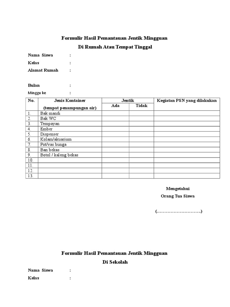 Formulir Hasil Pemantauan Jentik Mingguan | PDF