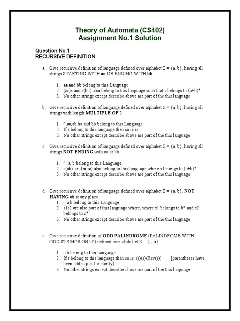 Theory of Automata (CS402) Assignment No.1 Solution: Question No.1 Recursive Definition | PDF ...