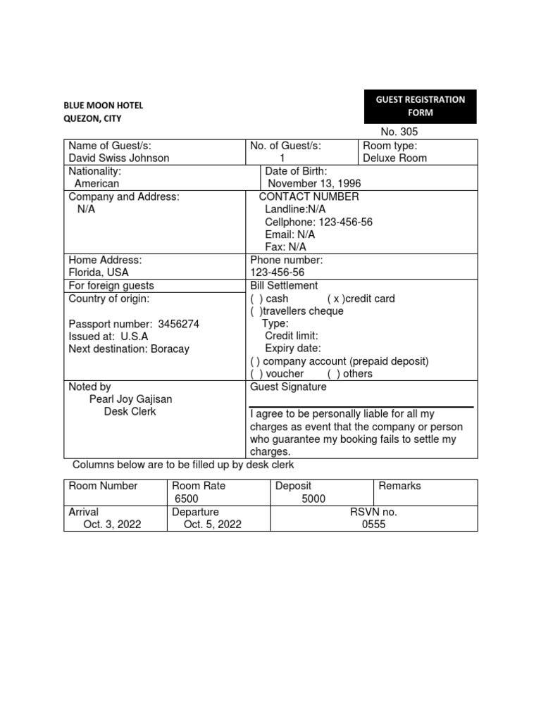 Guest Registration Form and Folio | PDF | Credit Card | Service Industries