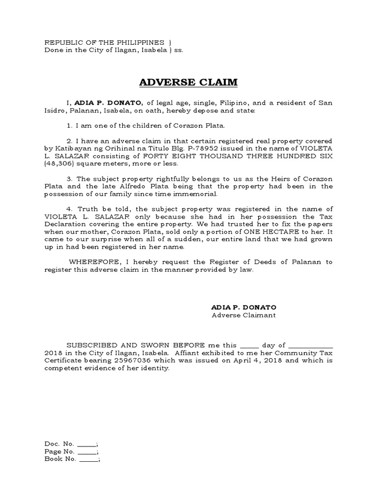 Adverse Claim Palanan | PDF | Law