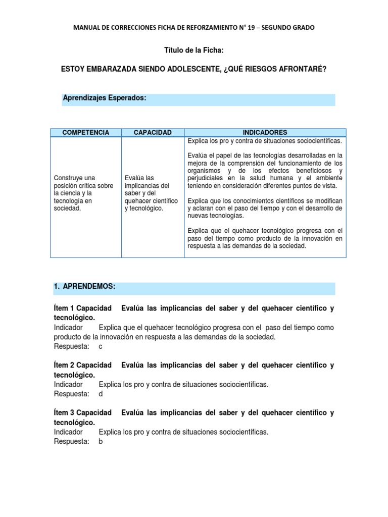 Rp Cta2 K19 Manual De Corrección Ficha 19 Pdf Science Sociedad