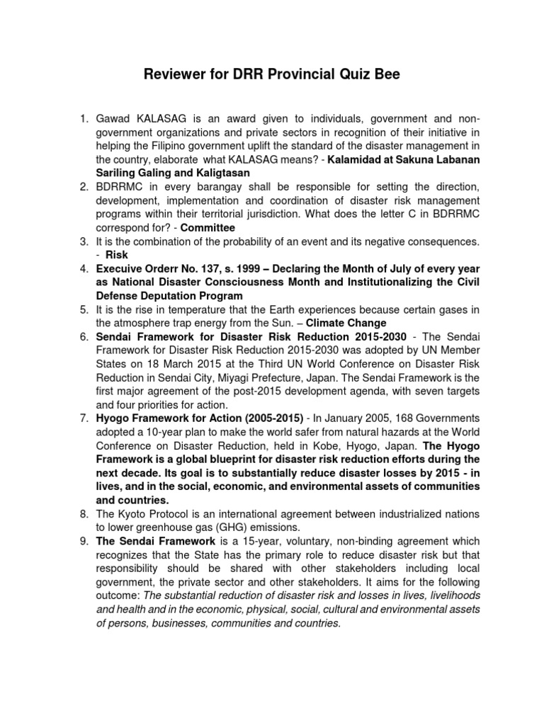 Reviewer For DRR Provincial Quiz Bee | PDF | Disaster Risk Reduction ...