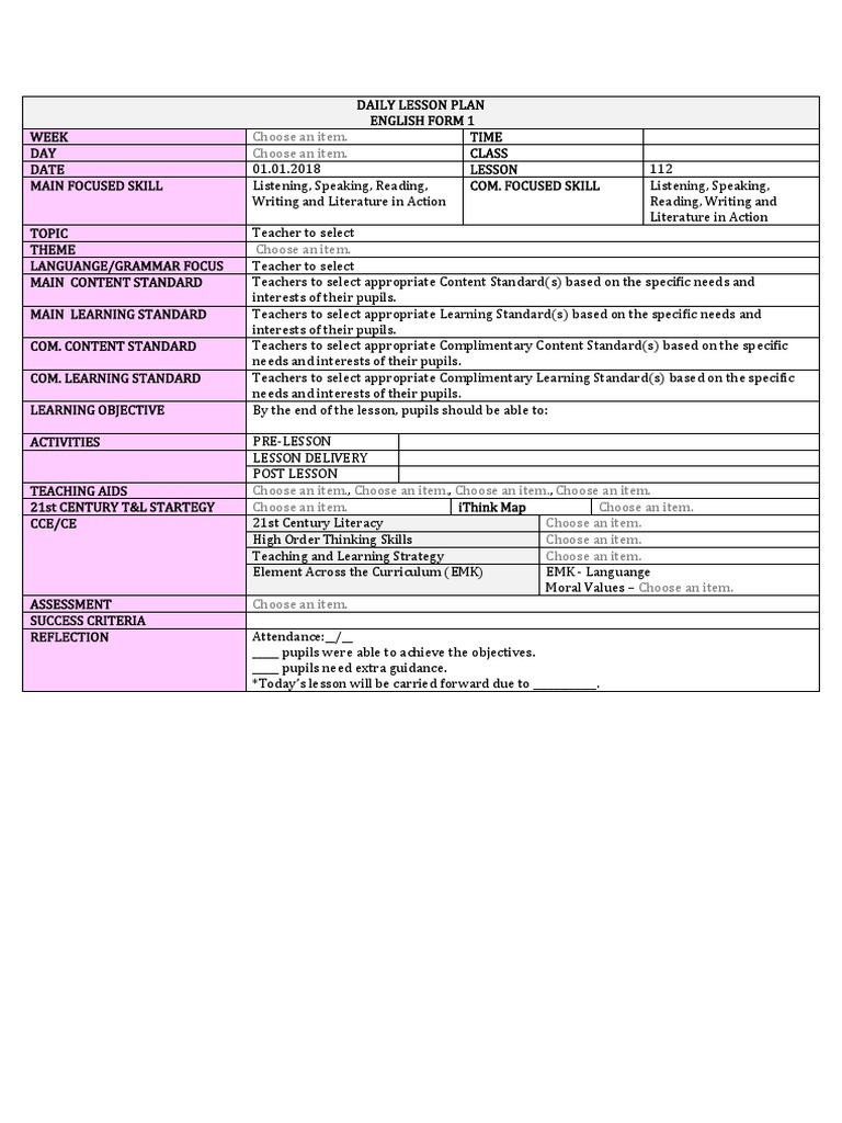 Lesson Plan Examples For Form 1 Malaysian School | PDF | Lesson Plan ...