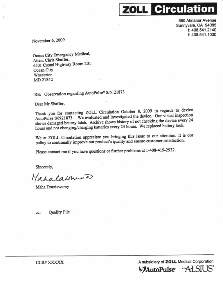 Zoll Circulation Letter | PDF