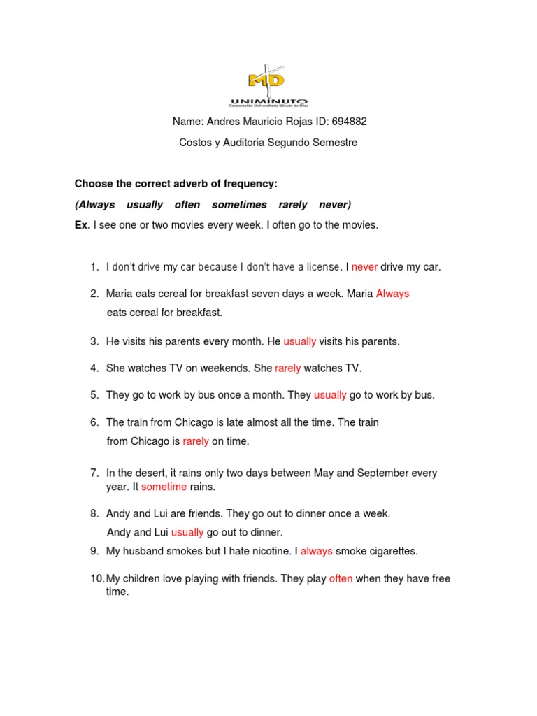 Choose The Correct Adverb of Frequency:: (Always Usually Often ...