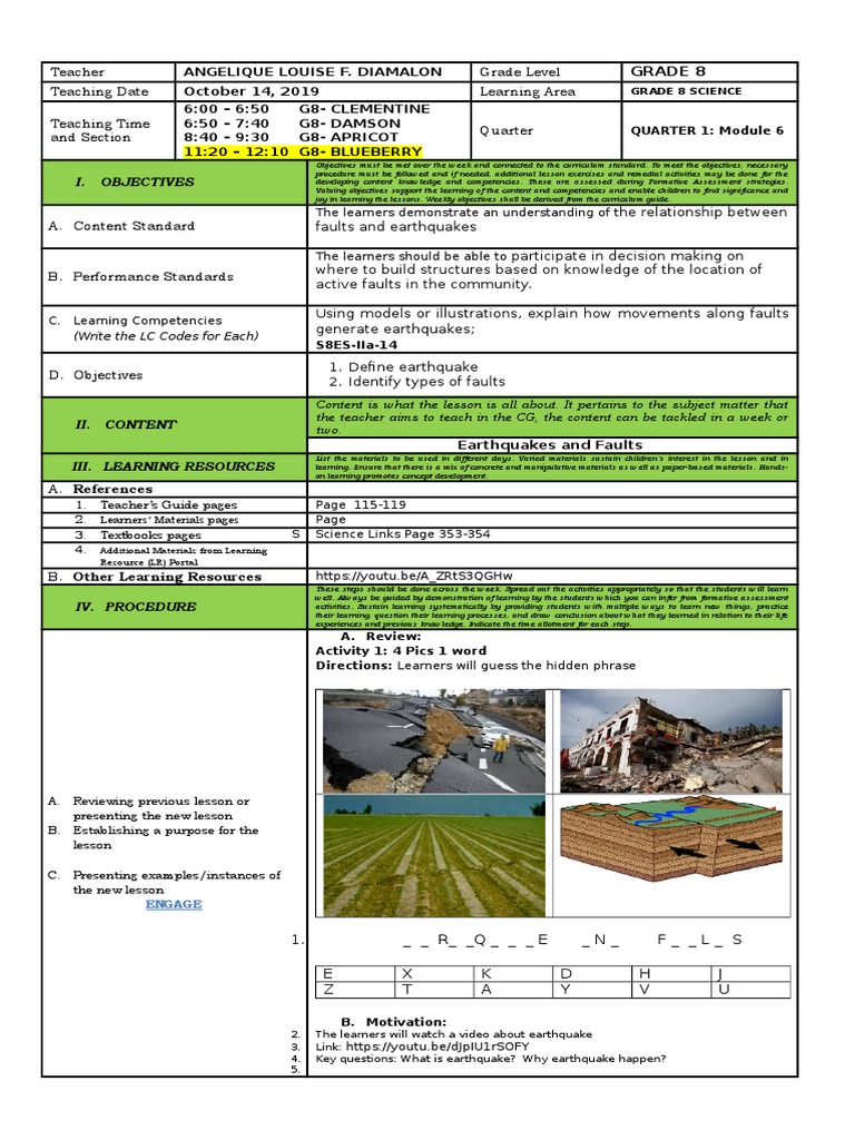 Earthquake Lesson Plan | PDF | Learning | Lesson Plan
